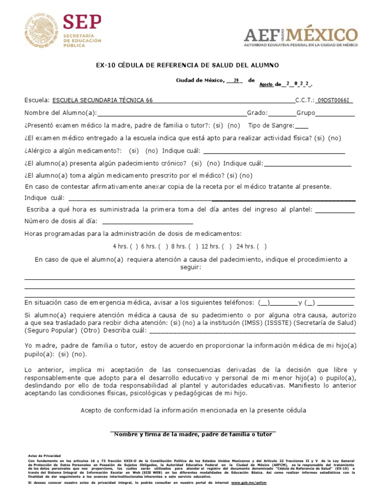 Ex 10 Cedula de Referencia de Salud Del Alumno | PDF | Medicamentos con receta