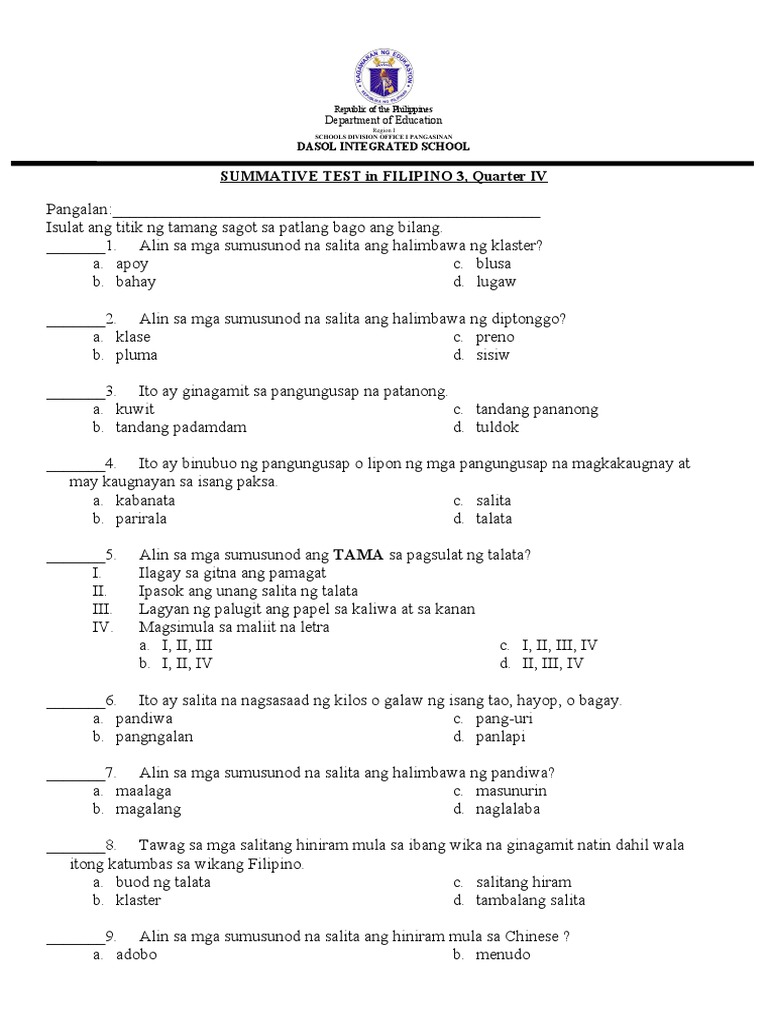 Summative Test q4 g3 - FILIPINO | PDF