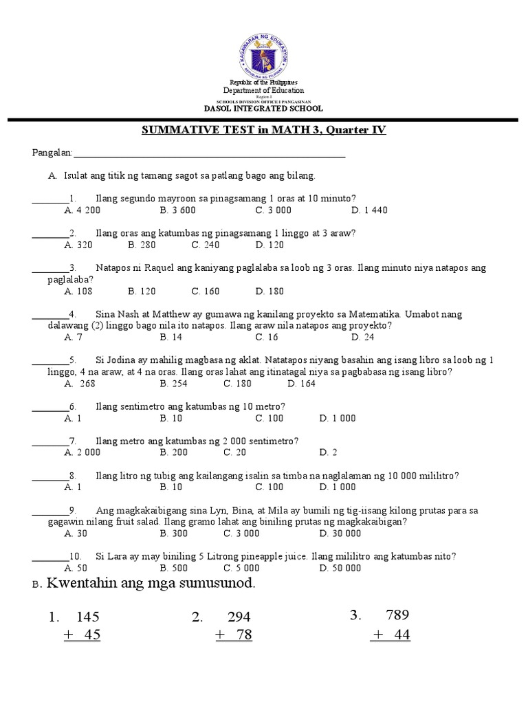 Summative Test q4 g3 - Math | PDF