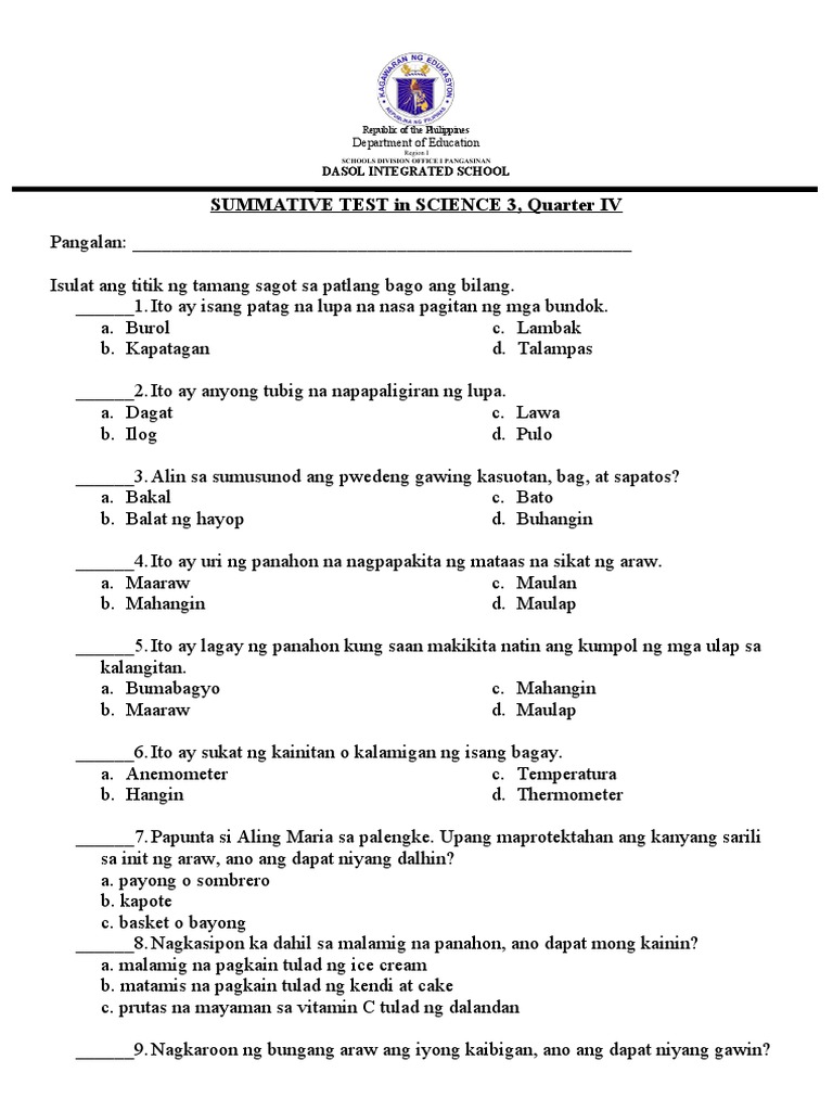Summative Test q4 g3 - sCIENCE | PDF