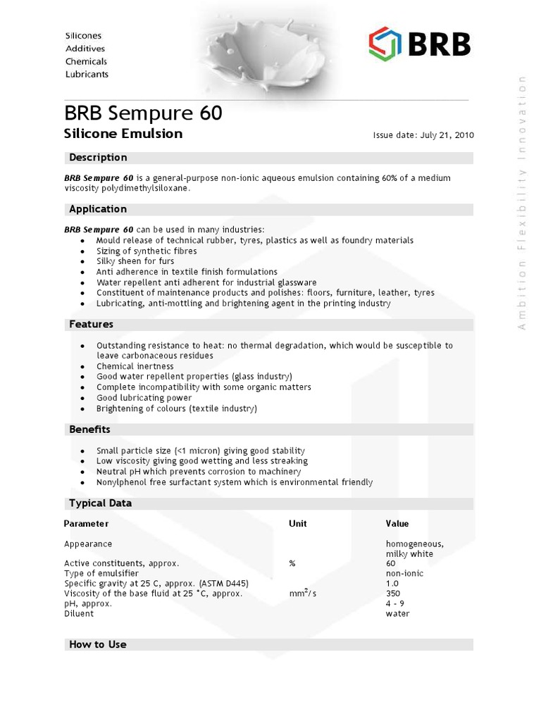 Applications and Properties of BRB Sempure 60, a General-Purpose Silicone Emulsion | PDF ...