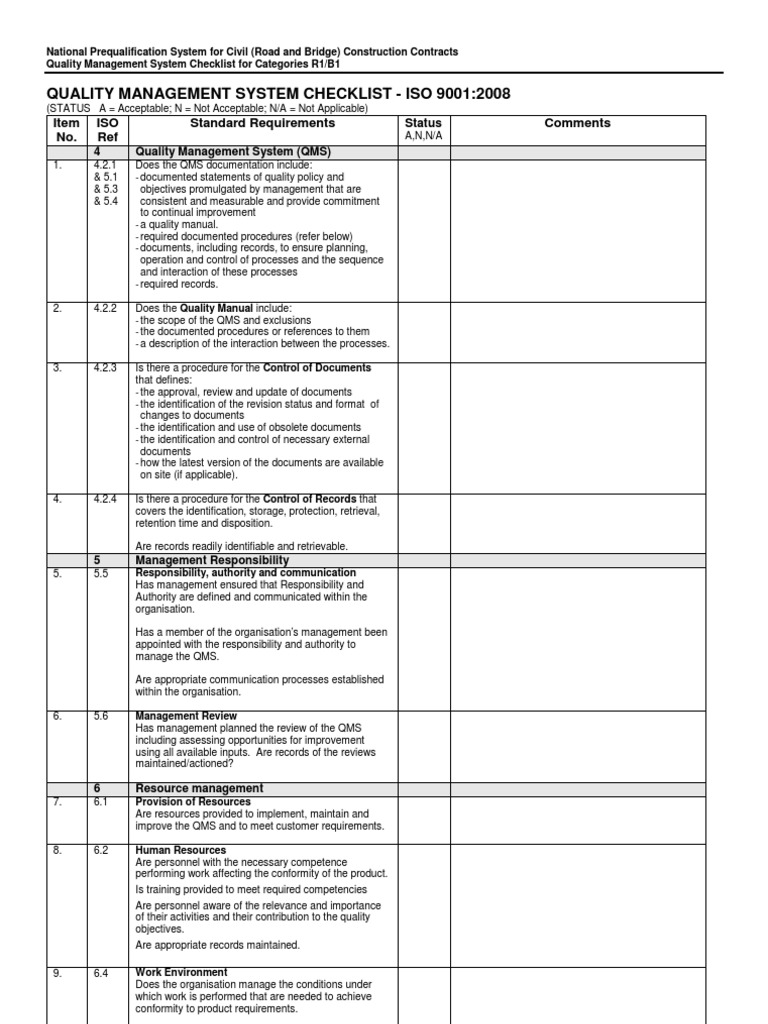 Checklist QMS 9001 2008 | Verification And Validation | Audit