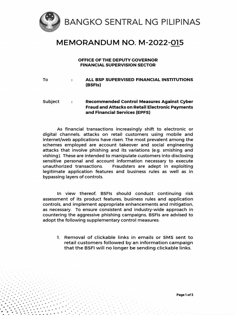 BSP Memo M-2022-015 | Download Free PDF | Phishing | Security