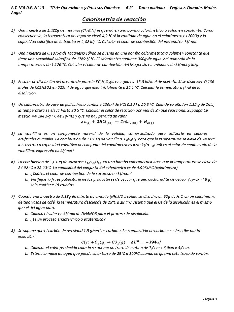 Calorimetría de Reacción - Ejercicios | PDF | Combustión | Agua