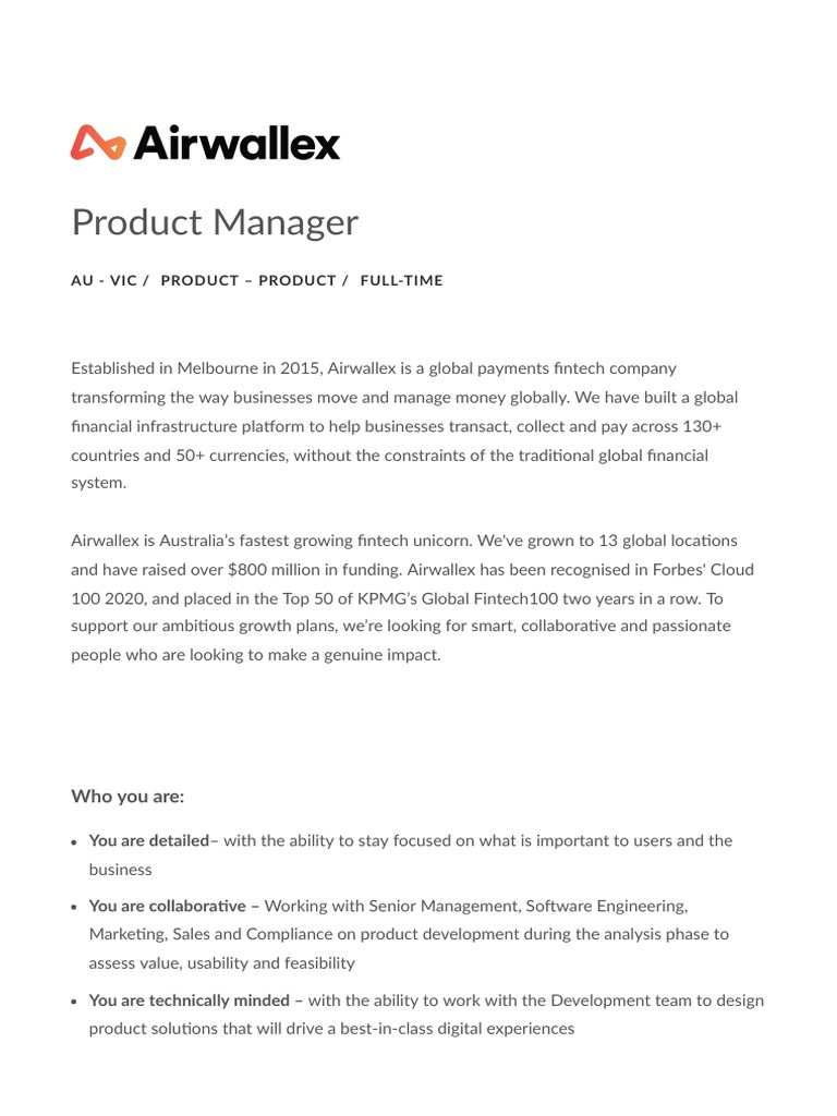 Airwallex - Product Manager | PDF | Financial Technology | Finance & Money Management