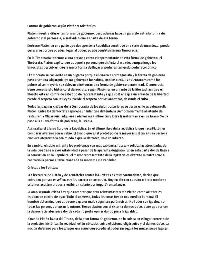 Formas de gobierno según Platón y Aristóteles | PDF | Platón | Democracia
