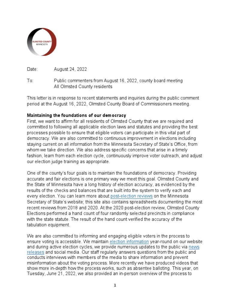 Olmsted County Election Response | PDF | Absentee Ballot | Elections