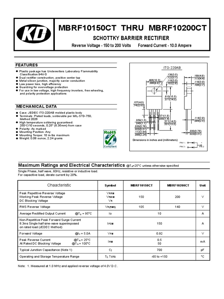 MBRF10150CT THRU MBRF10200CT: Schottky Barrier Rectifier | PDF | Rectifier | Computer Engineering