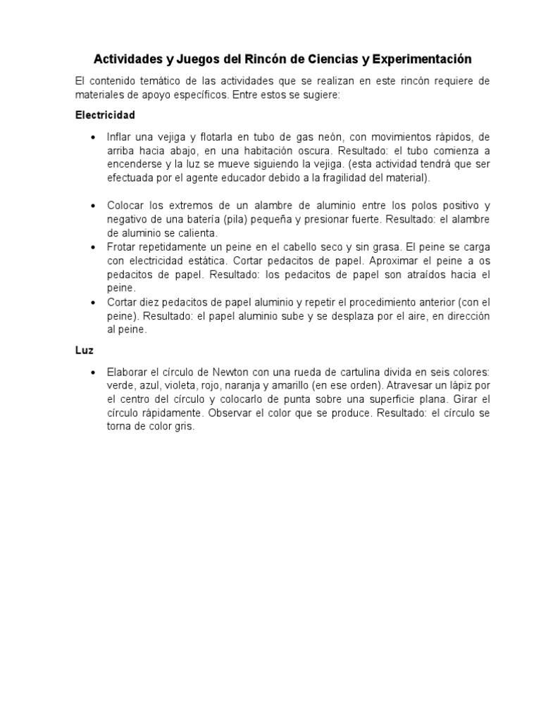Actividades y Juegos Del Rincón de Ciencias y Experimentación | PDF ...