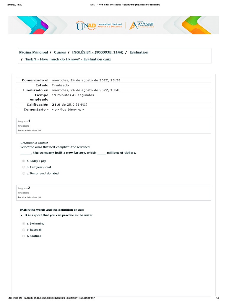 Task 1 - How Much Do I Know - Evaluation Quiz - Revisión Del Intento | PDF
