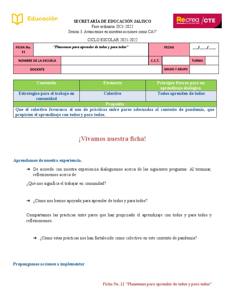 Ficha No. 11 "Planeemos para Aprender de Todos y para Todos" | PDF | Aprendizaje | Evaluación