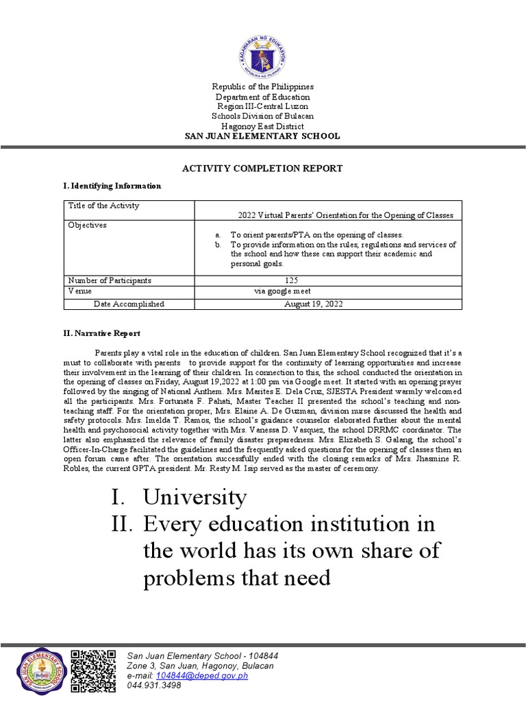 Activity Completion Report On Orientation of Parents | PDF | Luzon