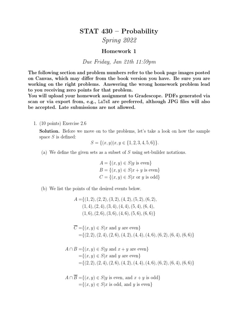 hw1 Solutions STAT430 | PDF | Probability | Mathematical Concepts