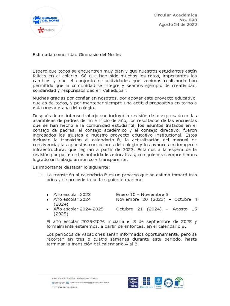 Circular 098 Proyecto Educativo Institucional Pdf Educación De La