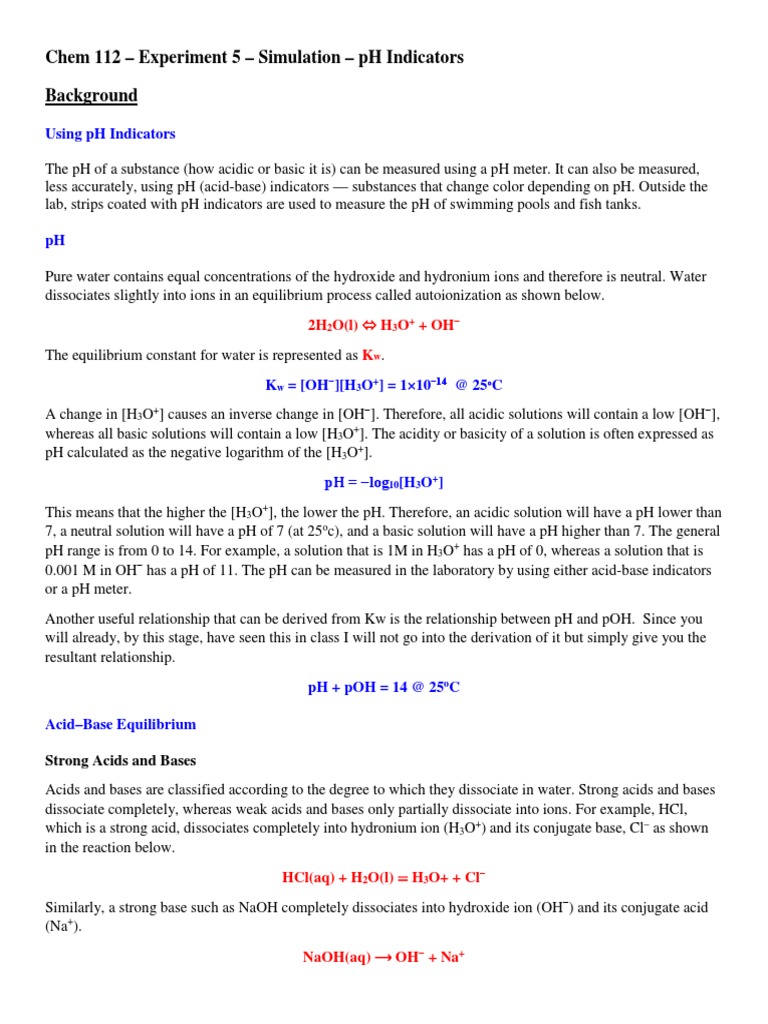 Chem 112 - Experiment 5 - Simulation - PH Indicators Background | PDF | Ph | Acid