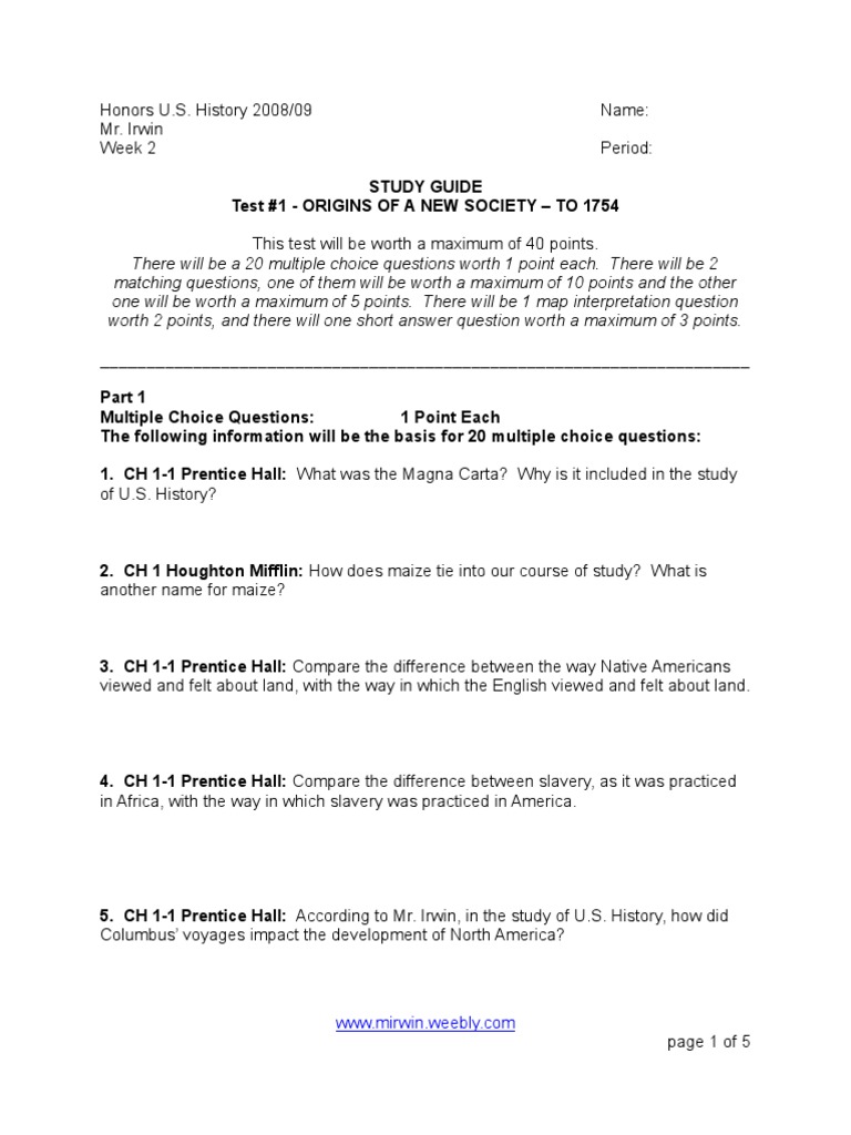 History, U.S. Honors - Test #1 Study Guide | PDF | English Colonization ...