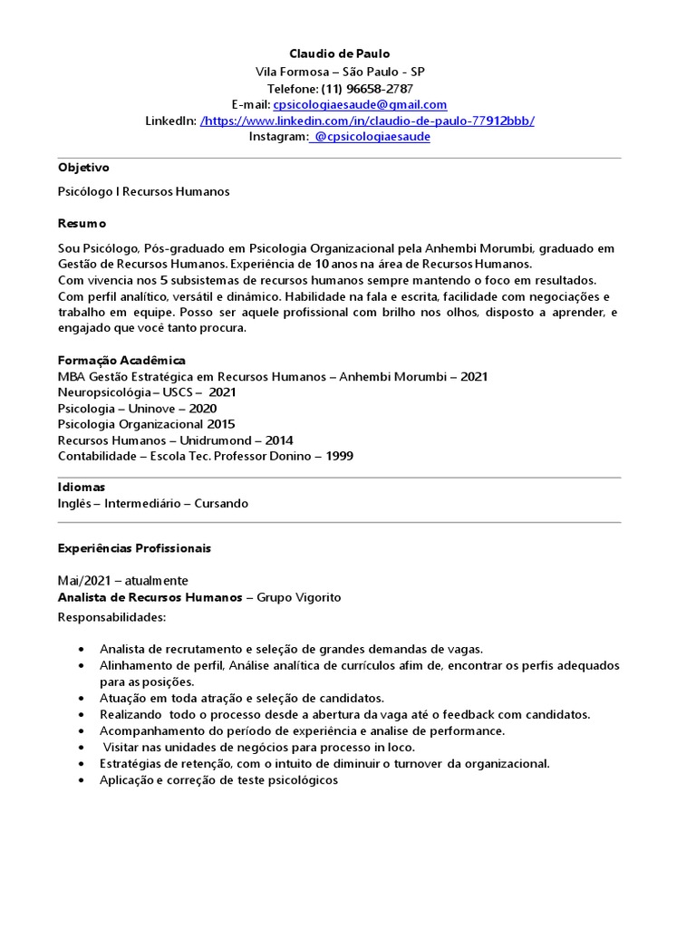 Claudio de Paulo - Curriculo | PDF | Gestão de recursos humanos | Ciências comportamentais