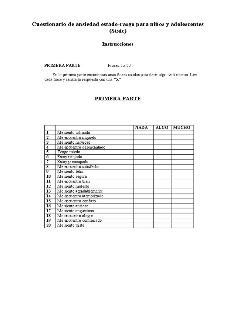 Cuestionario de Ansiedad Estado - rasgo STAIC | PDF