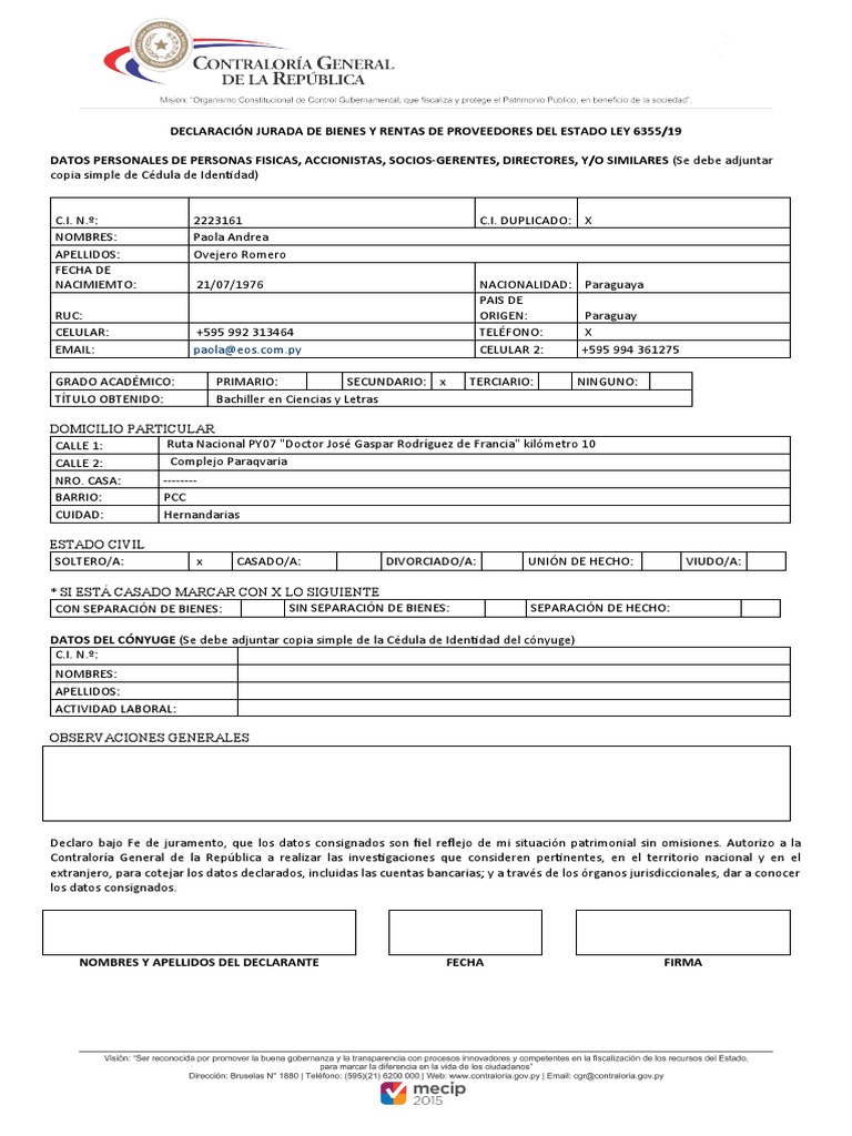 5-07-2022 - EOS - Formulario DJBR - Paola Andrea Ovejero | PDF | Bancos