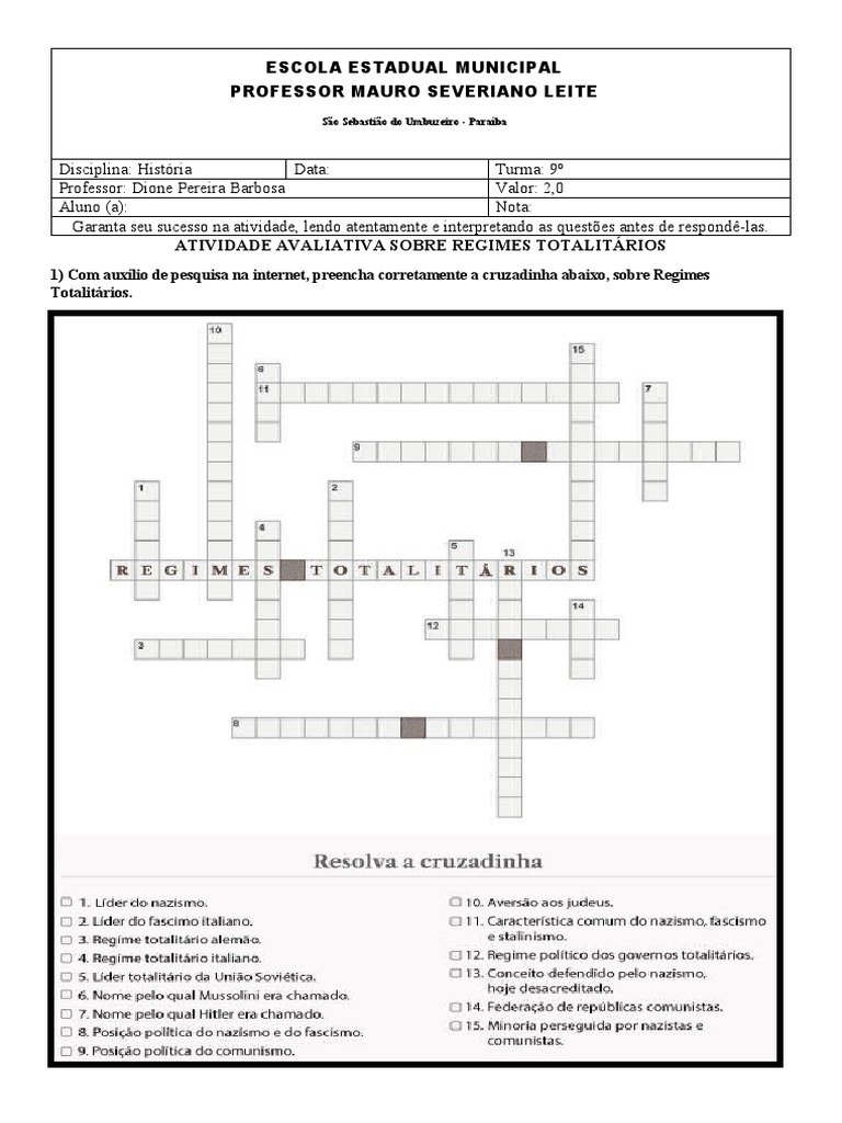 Atividade Regimes Totalitários | PDF