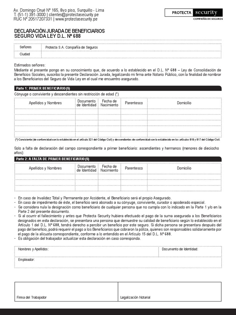 Declaración Jurada de Beneficiarios Seguro Vida Ley PROTECTA | PDF | Seguro | Póliza de seguros