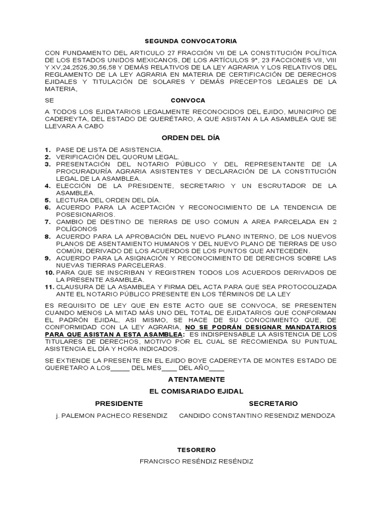 Acta de la Segunda Asamblea Ejidal del Ejido de Caderayta, Querétaro ...