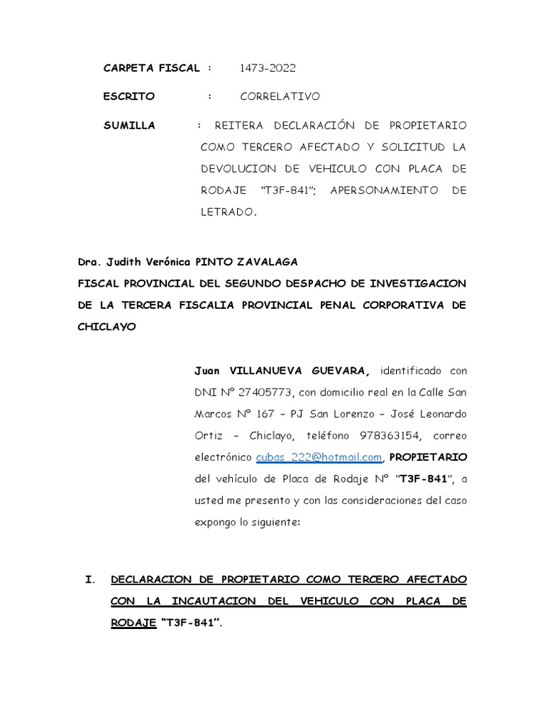 Solicita Devolucion de Vehiculo | PDF | Juez | Ley Pública