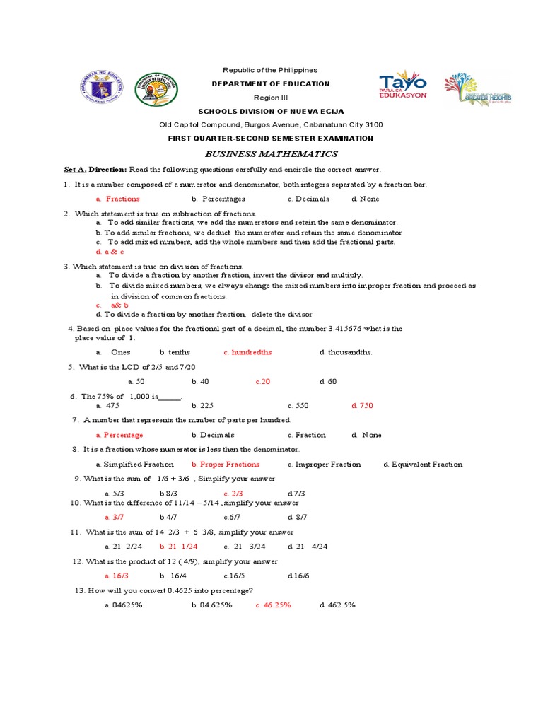 Business Mathematics: Set A. Direction: Read The Following Questions ...