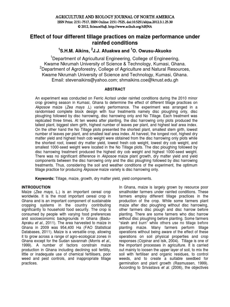 Effect Of Four Different Tillage Practices On Maize Performance Under