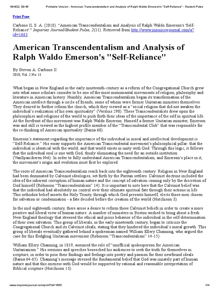 American Transcendentalism and Analysis of Ralph Waldo Emerson's Self ...