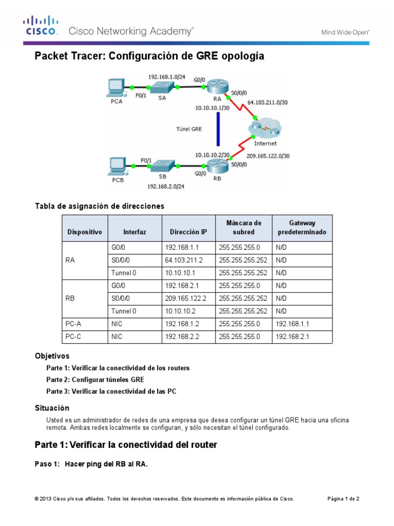 3.4.2.4 Packet Tracer - Configuring GRE | PDF | Dirección IP | Enrutador (Computación)