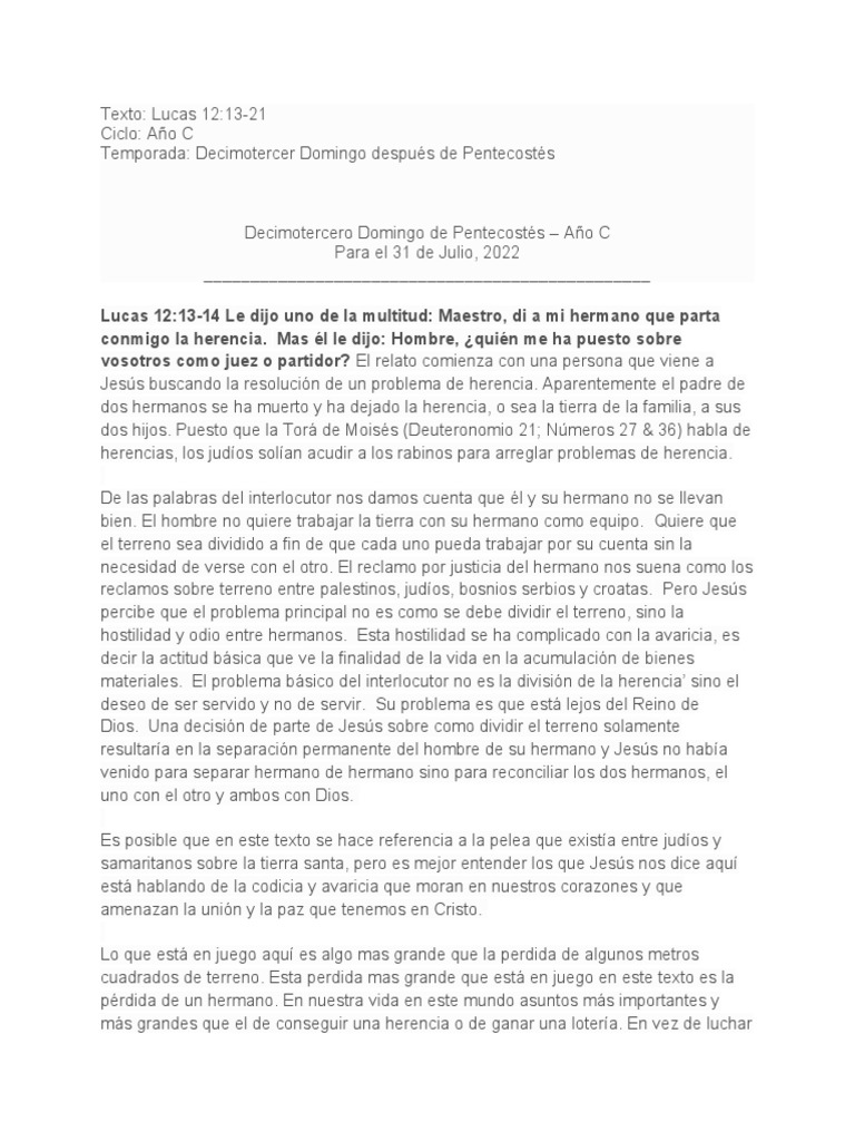 Reflexión sobre Lucas 12:13-21 | PDF | Jesús | Parábolas de Jesús