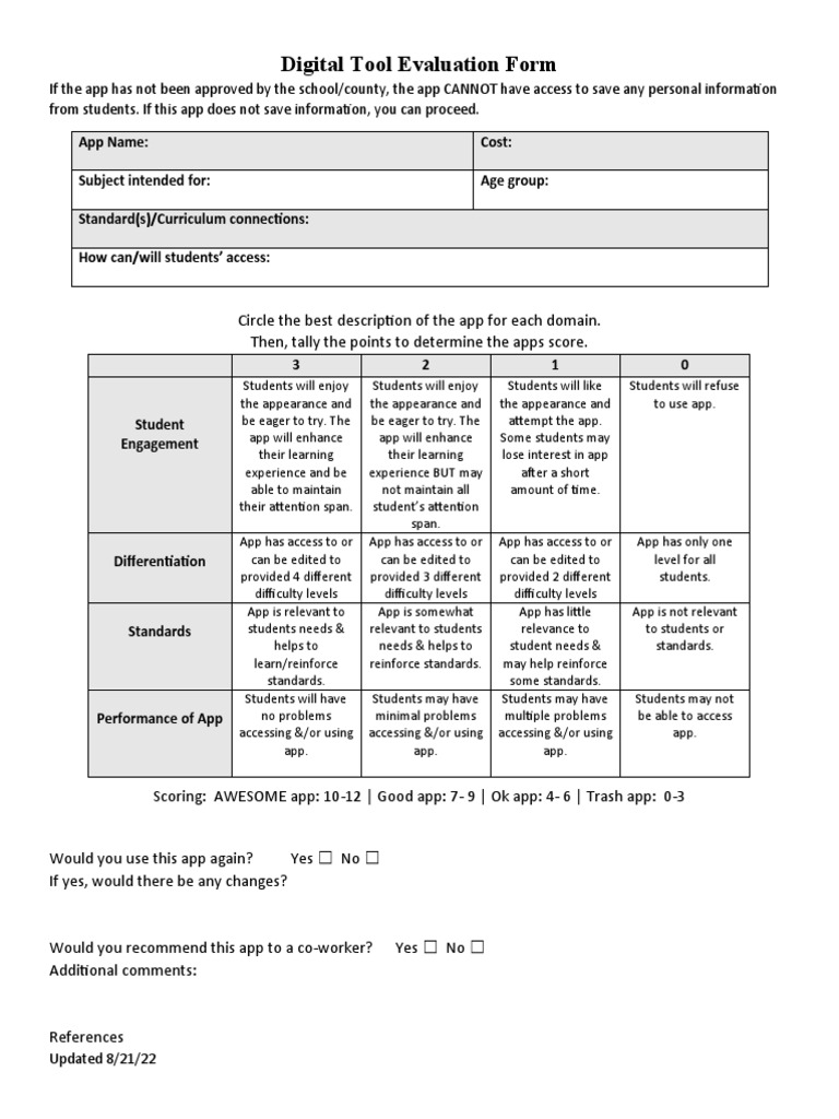 Digital Tool Evaluation Form | PDF | Behavior Modification | Cognitive Science