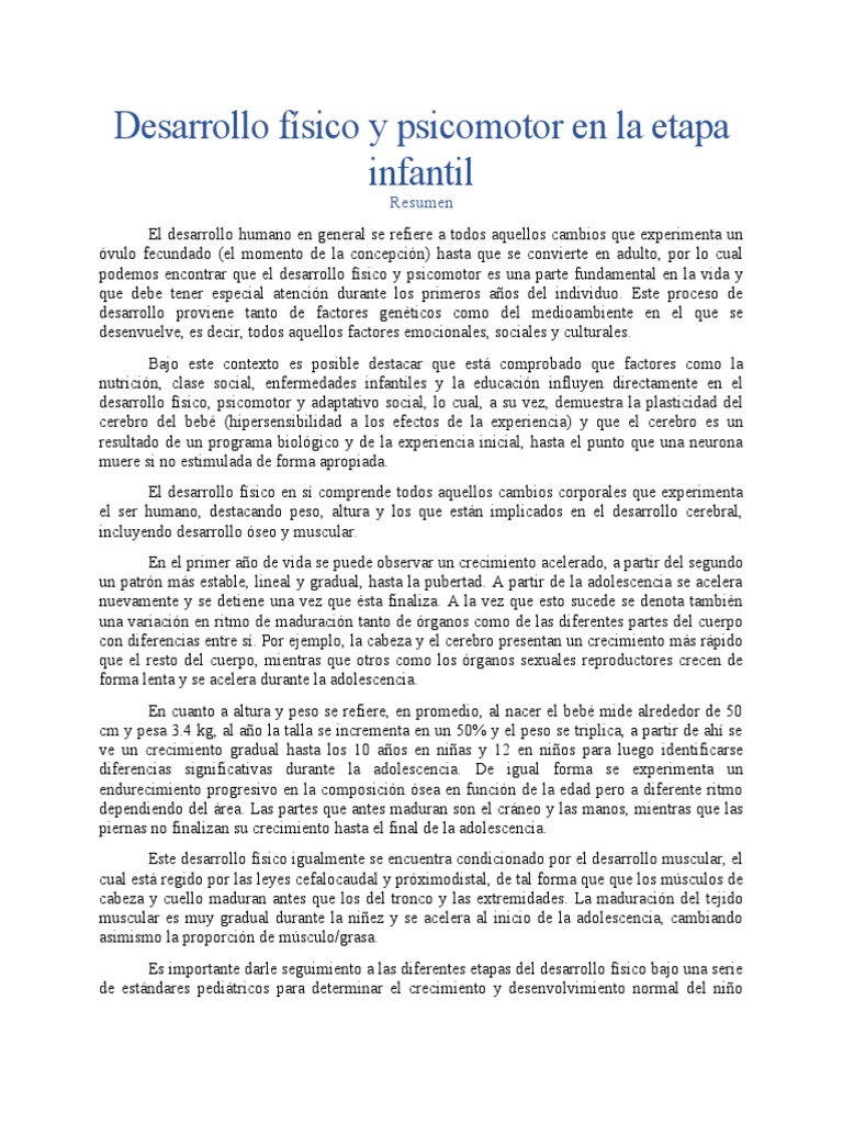 Desarrollo Físico y Psicomotor en La Etapa Infantil | PDF | Adolescencia | Cerebro