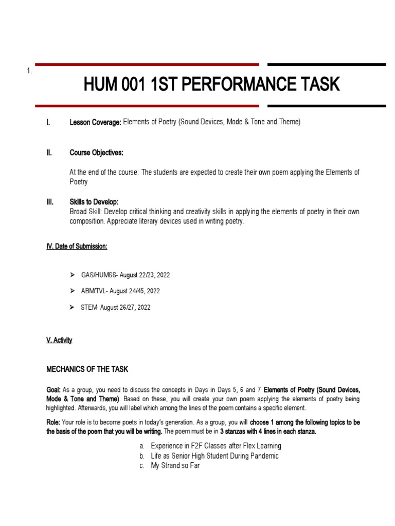 Hum 001 1St Performance Task | PDF | Poetry | Grammar