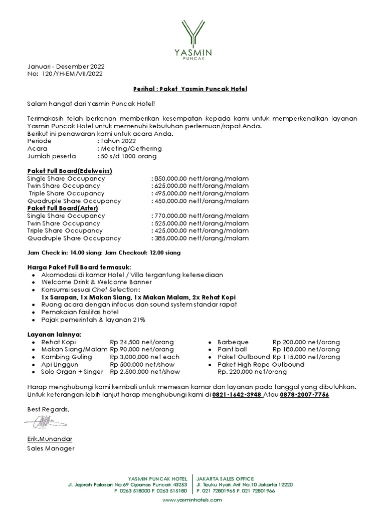 Penawaran Paket Meeting Yasmin Puncak | PDF