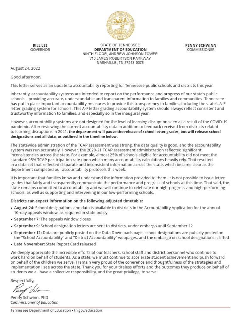 Tennessee Memo On Letter Grades | PDF