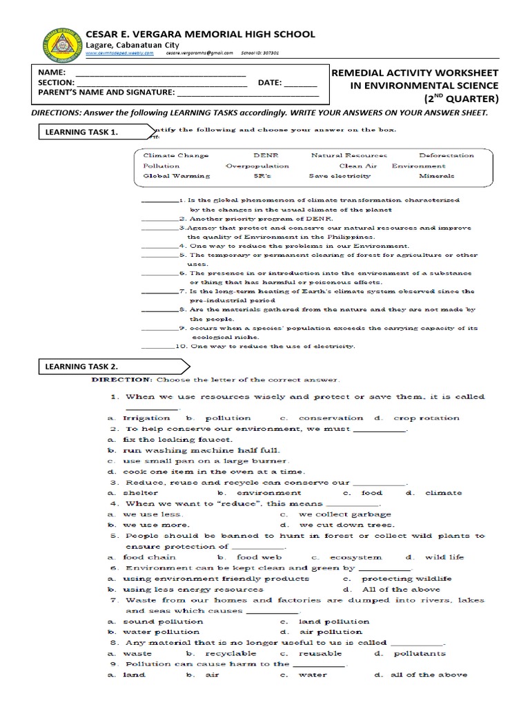Environmental Science Remedial Worksheet | PDF | Teaching Methods ...