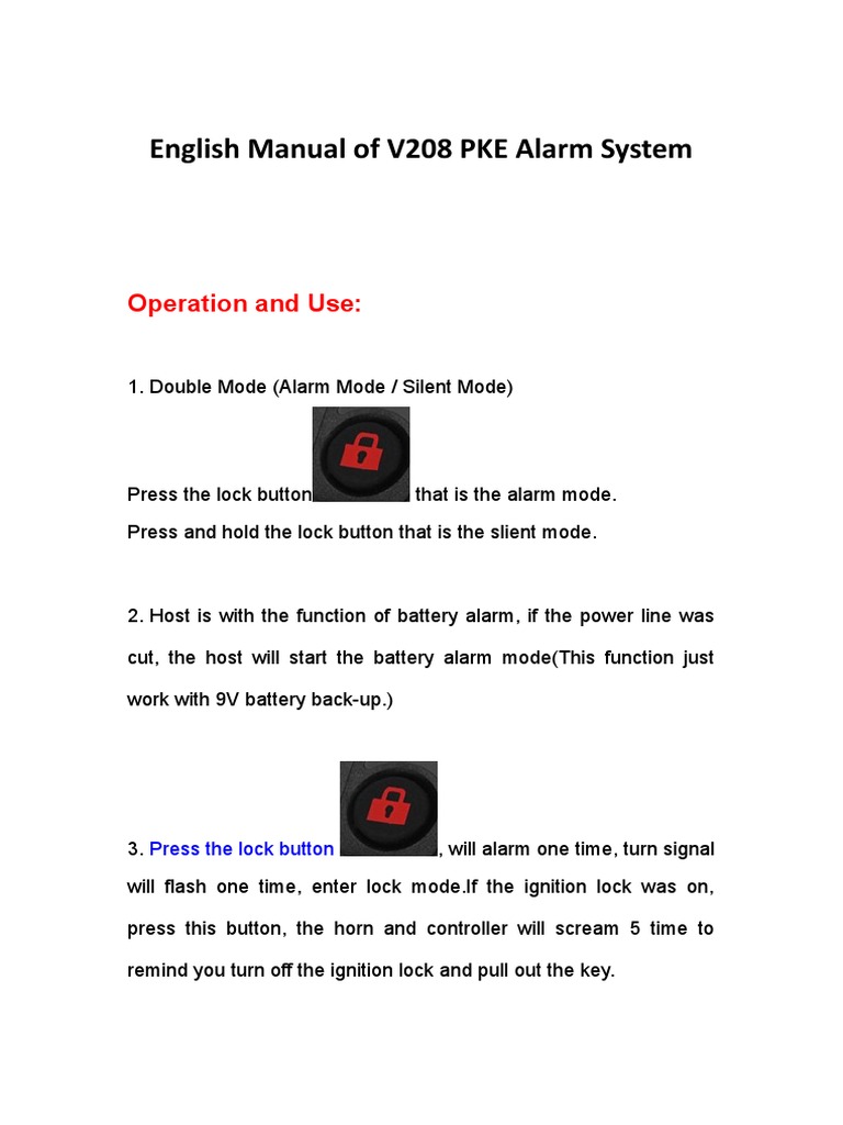English Manual of V208 PKE Alarm System: Operation and Use | PDF | Manufactured Goods ...