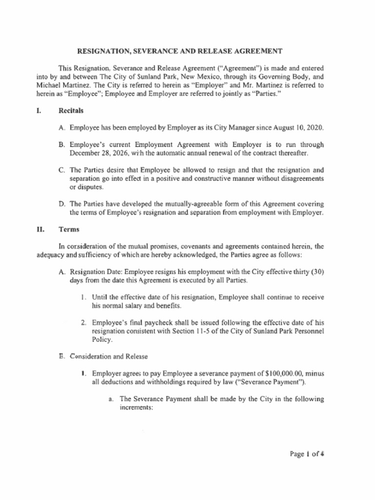 City Manager Severance Agreement 2022 | PDF