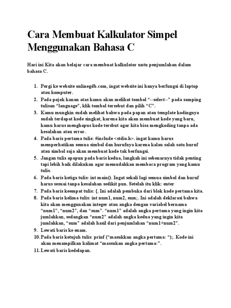 Cara Membuat Kalkulator Simpel Menggunakan Bahasa C | PDF