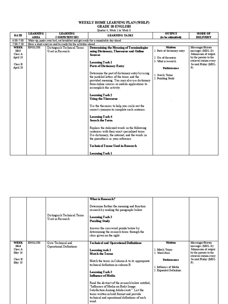 Weekly Home Learning Plan (WHLP) Grade 10-English | PDF | Dictionary ...