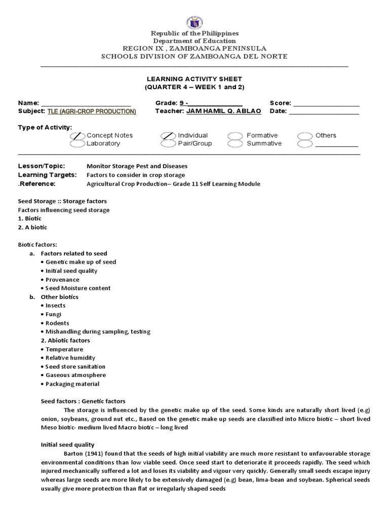 TLE 9 Q4 W1&2 | PDF | Seed | Humidity