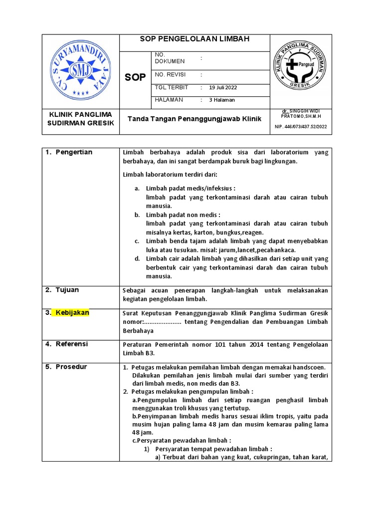 SOP Pengelolaan Limbah Klinik | PDF