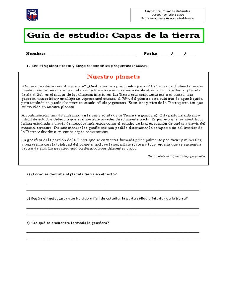 CIENCIAS Guía Capas de La Tierra 4° Basico | PDF | Tierra | Planetas