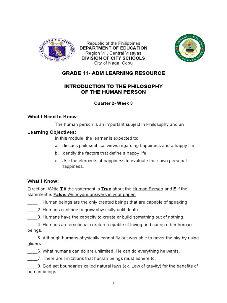 Grade 11-Adm Learning Resource Introduction To The Philosophy of The ...