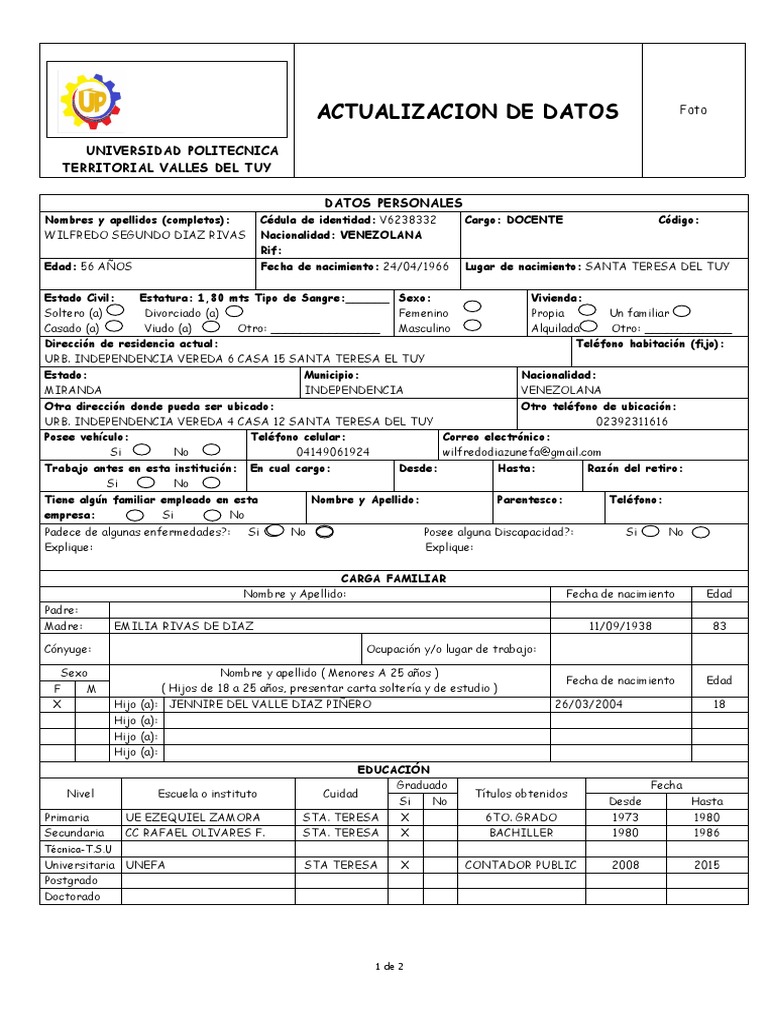 Formato Actualizacion de Datos Uptvt | PDF