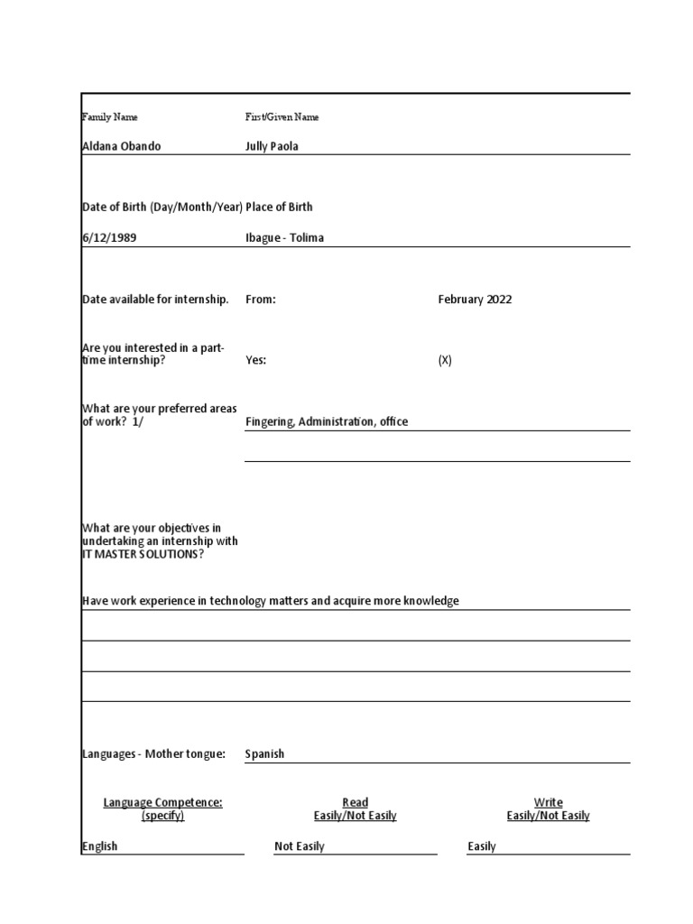 Formato Internship Application Form Pdf Knowledge Cognitive Science