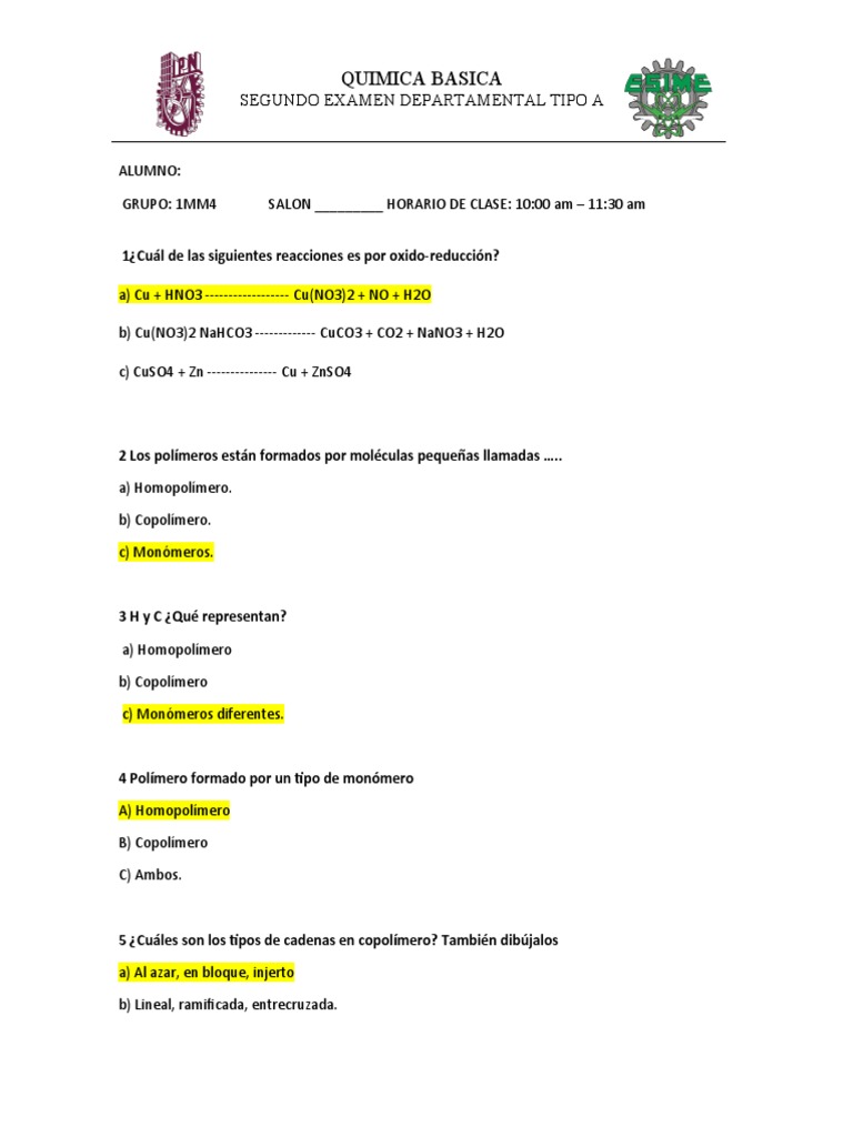 Examen Segundo Parcial Quimica | PDF | Polímeros | Redox