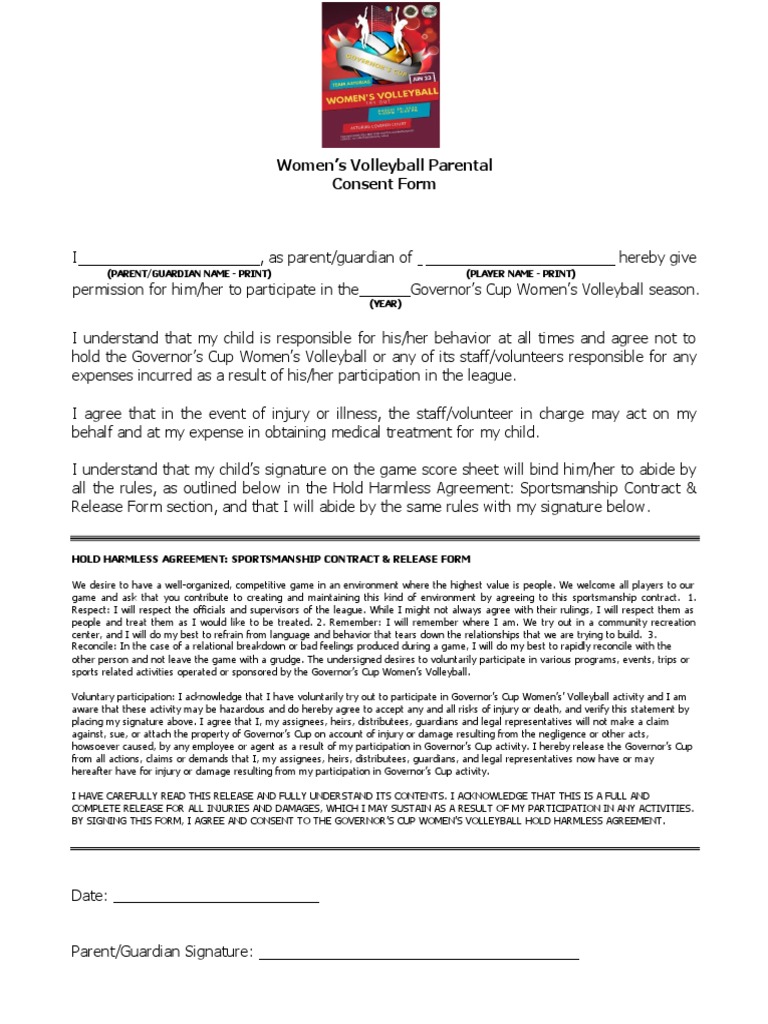 Women's Volleyball Parental Consent Form | PDF | Consent | Common Law